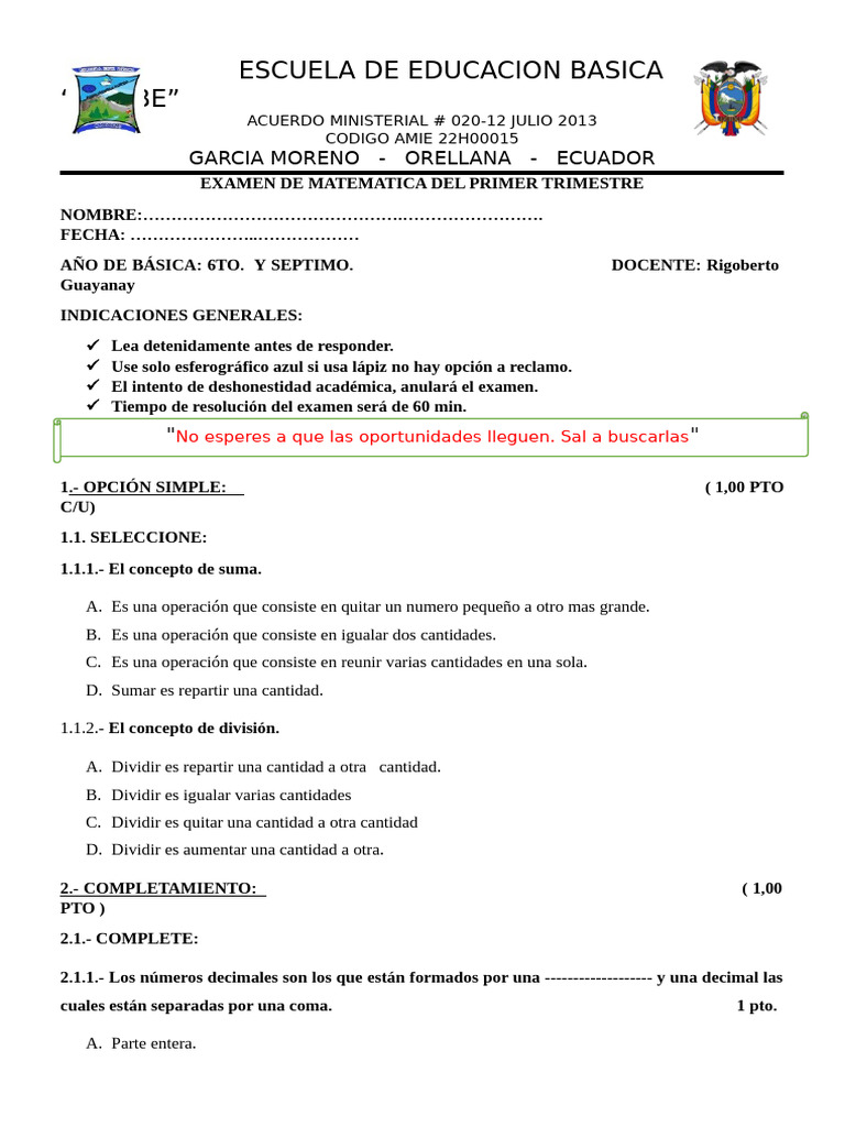 EXAMEN MATE.6 | PDF | Sustracción | Aritmética