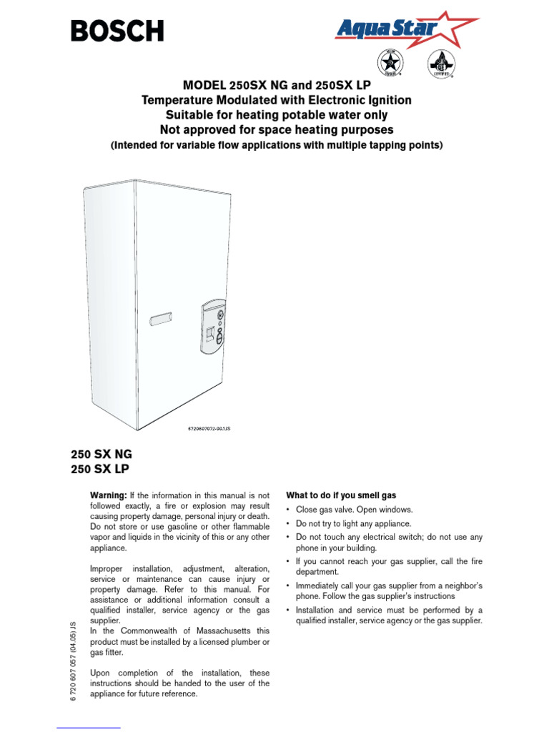 Bosch 250SX NG/LP Water Heater Manual | PDF | Water Heating | Pipe ...
