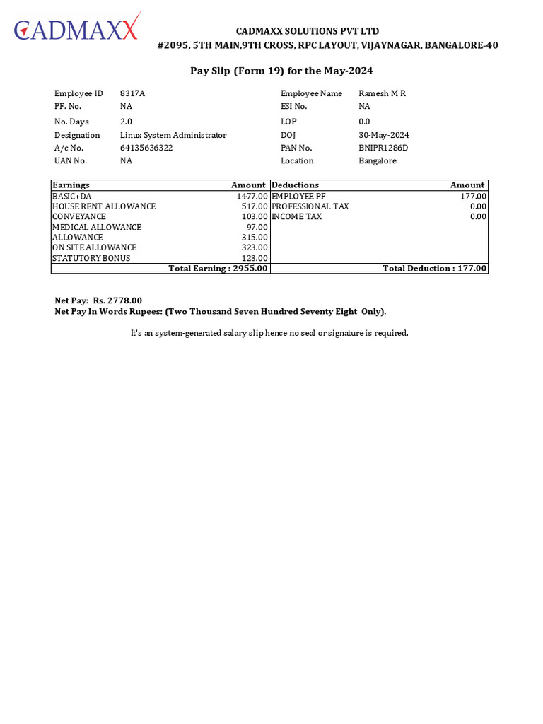 Payslip - May-2024 - Ramesh M R | PDF