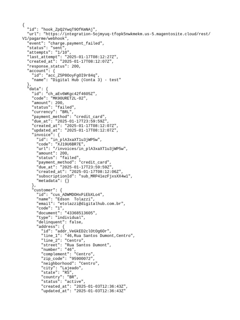 Webhook Exemplo Charge Payment Failed | PDF | Service Industries | Banking Technology