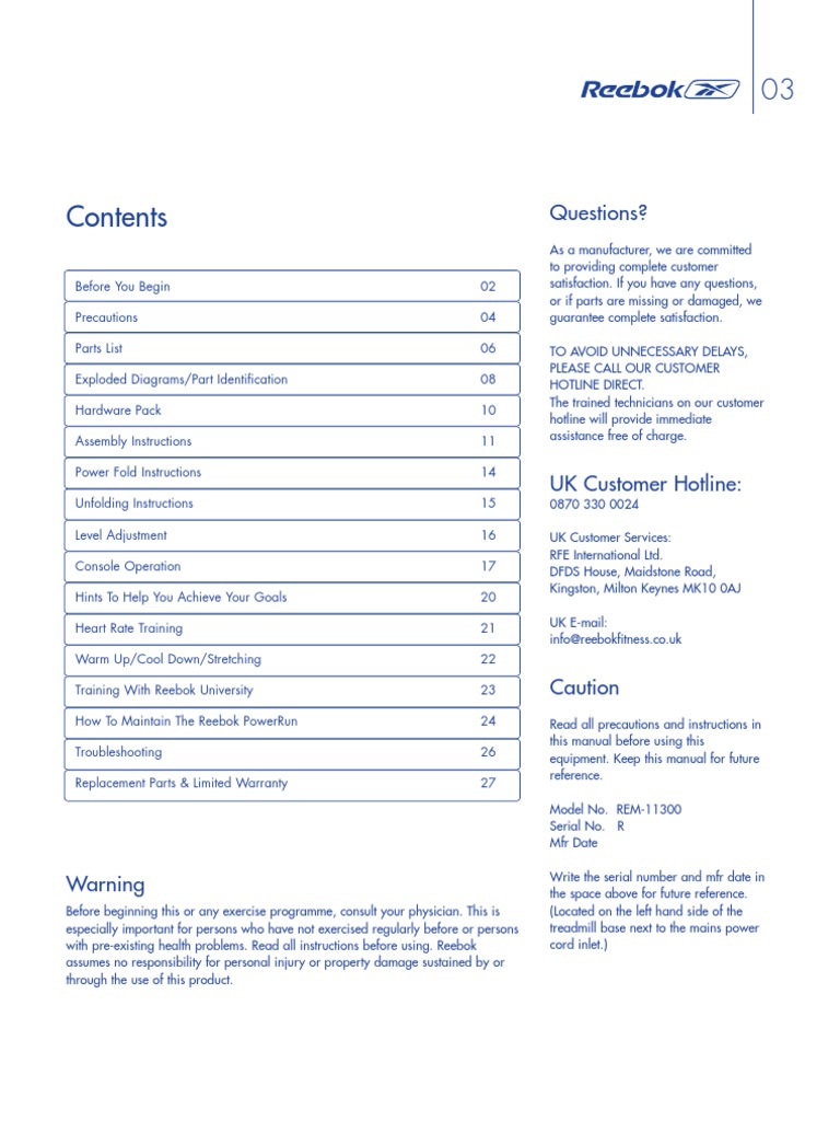 Reebok PowerRun Treadmill Manual | PDF | Physical Fitness | Screw