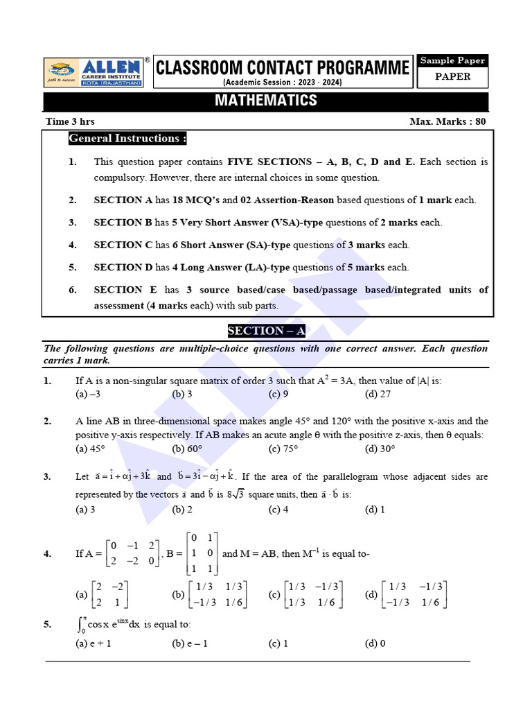 Sample Paper Mathematics Paper | PDF | Perpendicular | Algebra