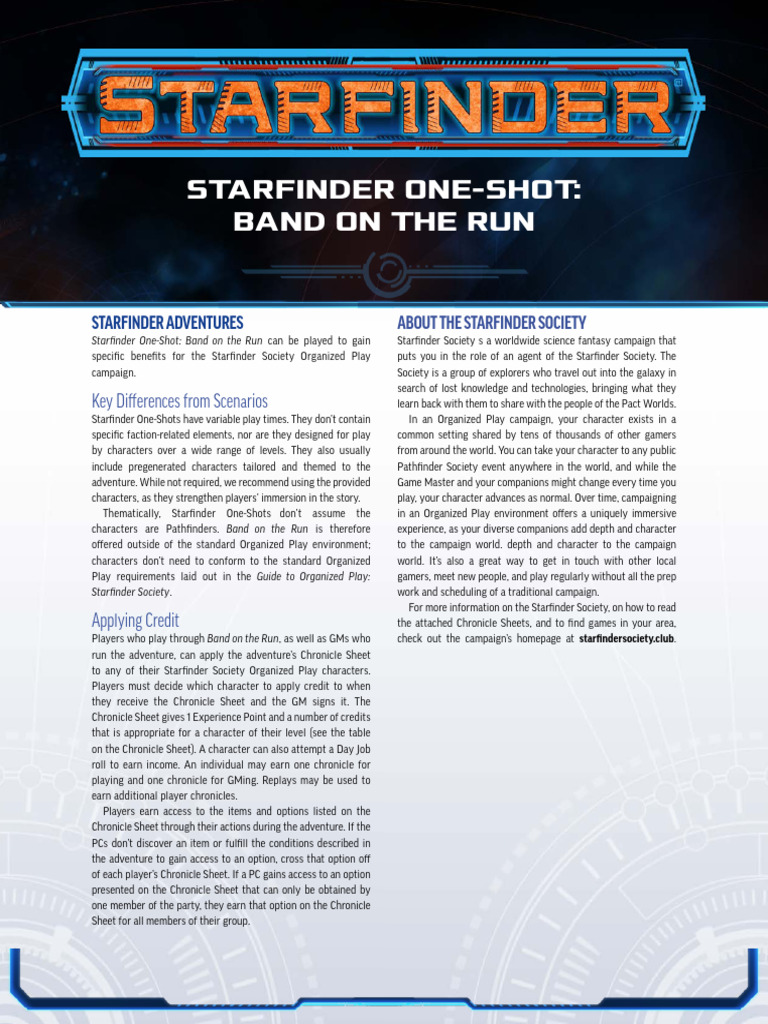 Starfinder One-Shot: Band on the Run | PDF | Gaming | Role Playing Games