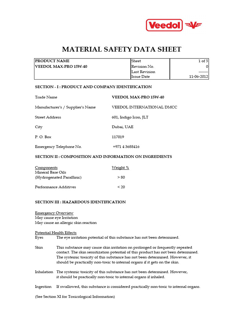MSDS - Max-Pro 15W-40 | PDF | Materials | Safety
