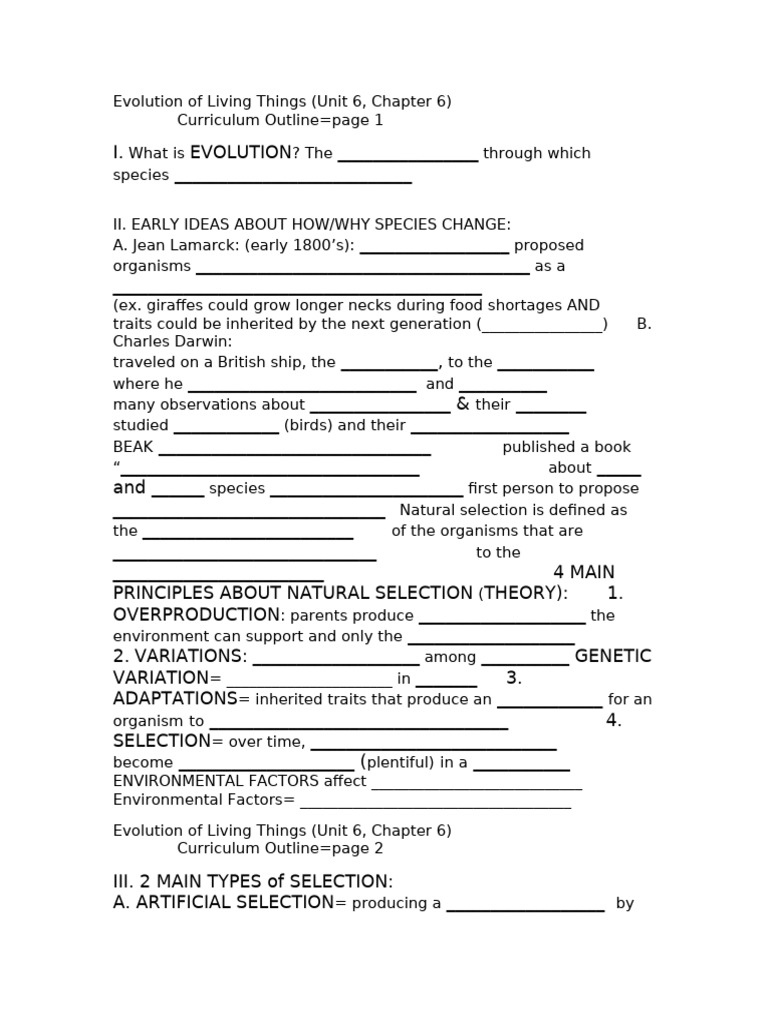 U6 Ch 6 Evolutioncurriculumoutline Pdf Evolution Natural Selection