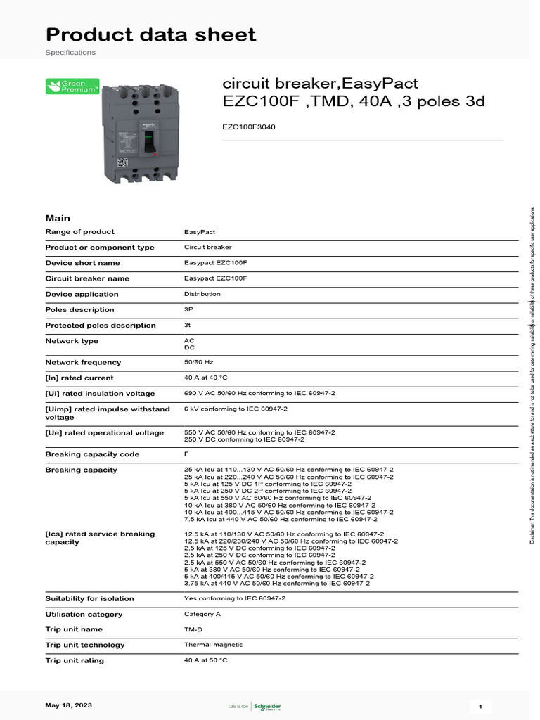 EasyPact EZC100F Circuit Breaker Specs | PDF | Alternating Current ...