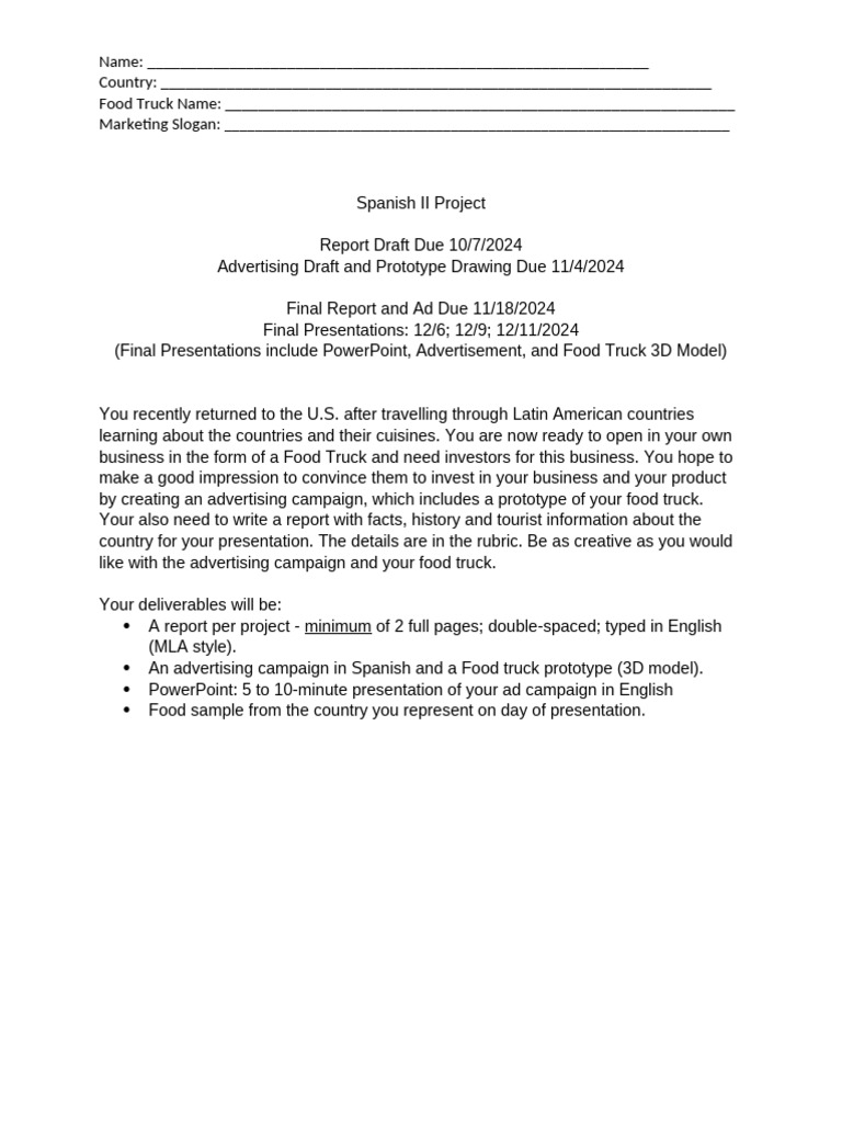 Spanish II Project and Rubric | PDF