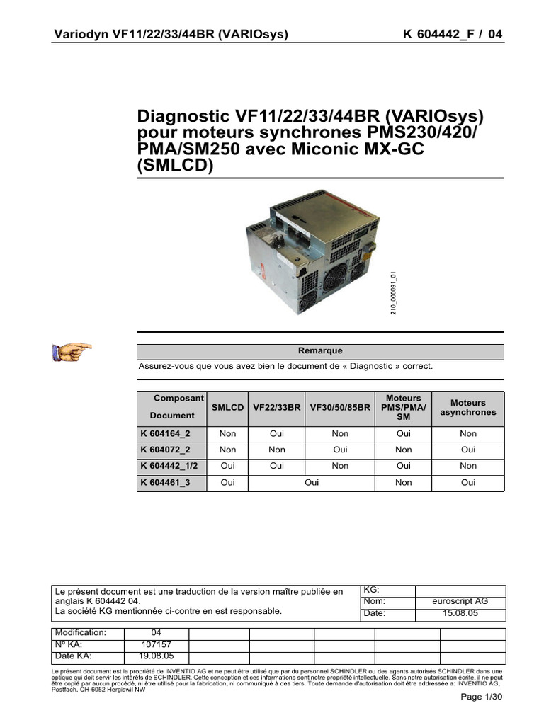 Diagnostic Vf11/22/33/44Br (Variosys) Pour Moteurs Synchrones Pms230 ...