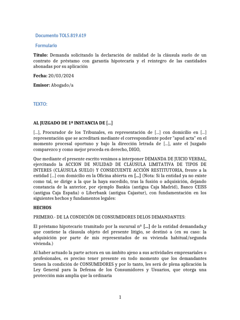 TOL5819619 DDA SUELO Y GASTOS | PDF | Hipotecas | Interés