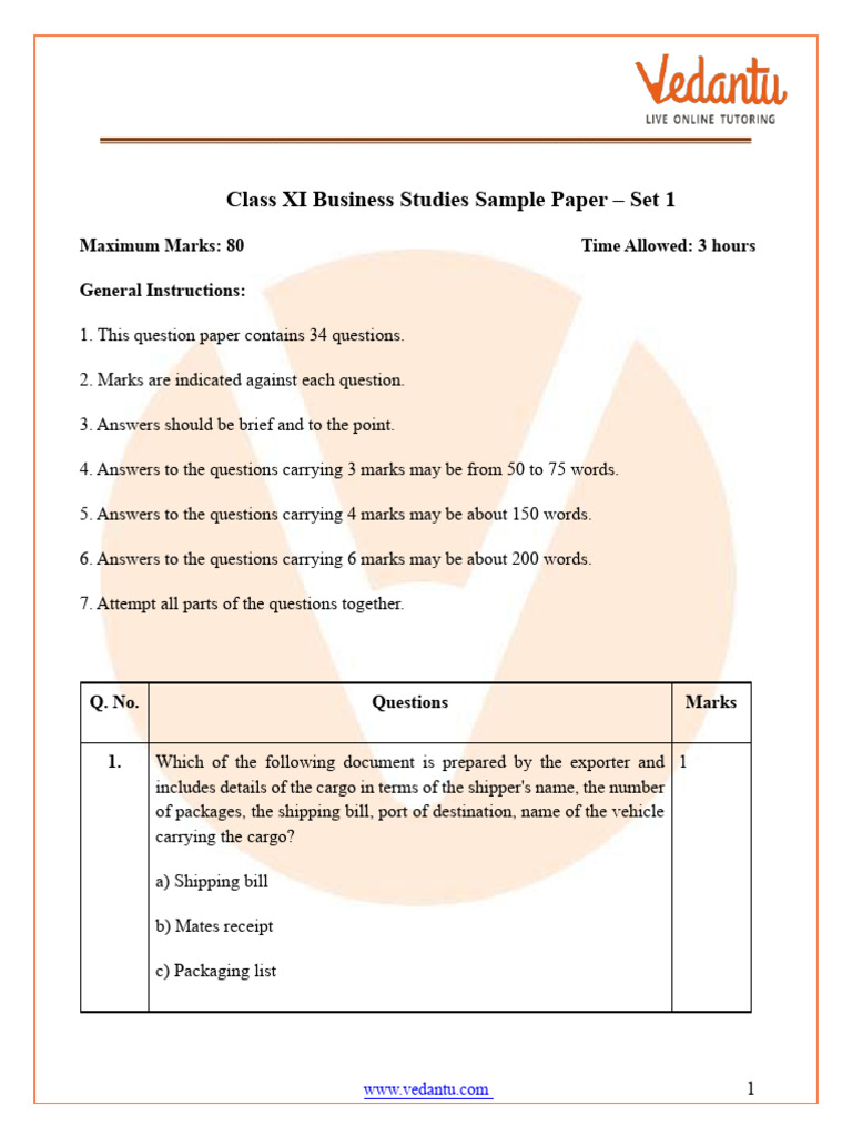 CBSE Class 11 Business Studies Sample Paper Set 1 With Solutions | PDF | Intellectual Property ...