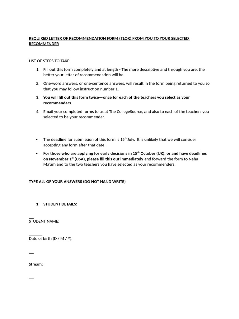 Sample LoR Form - Brag Sheet | PDF | Teachers | Cognition