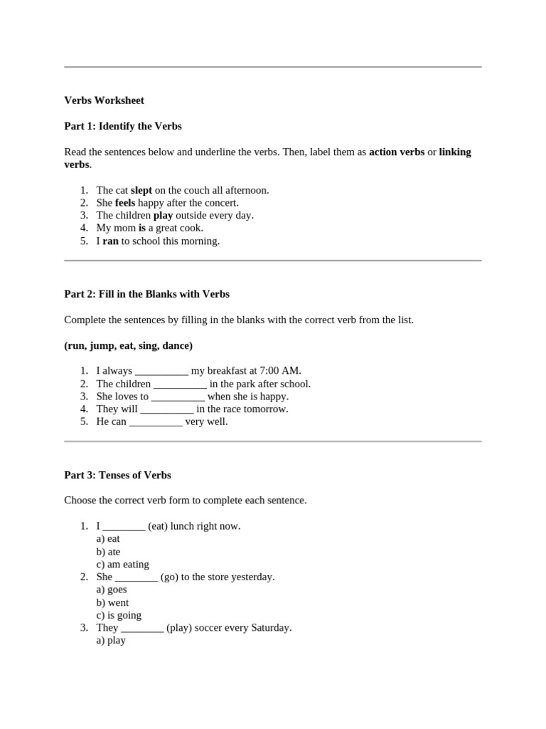 Verbs Worksheet | PDF