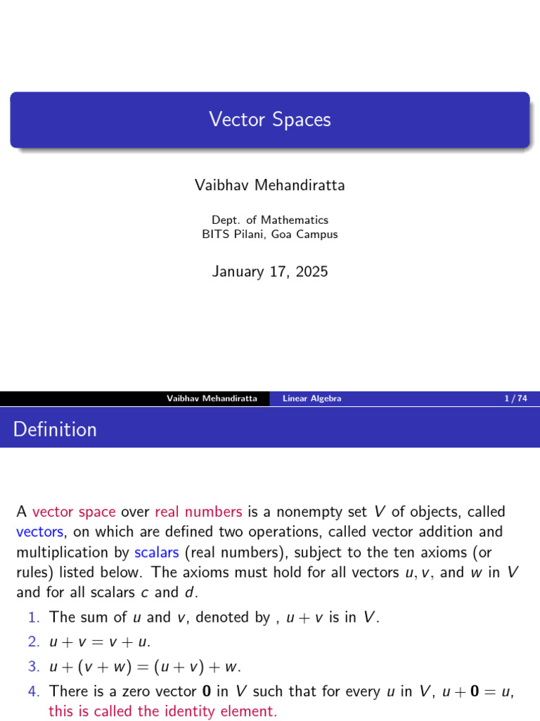 Vector Spaces - Lecture 4 | PDF | Vector Space | Linear Algebra