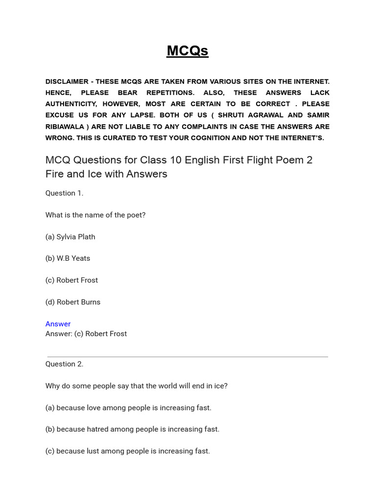 MCQs For Term 1 Part 3 | PDF | Poetry | Multiple Choice