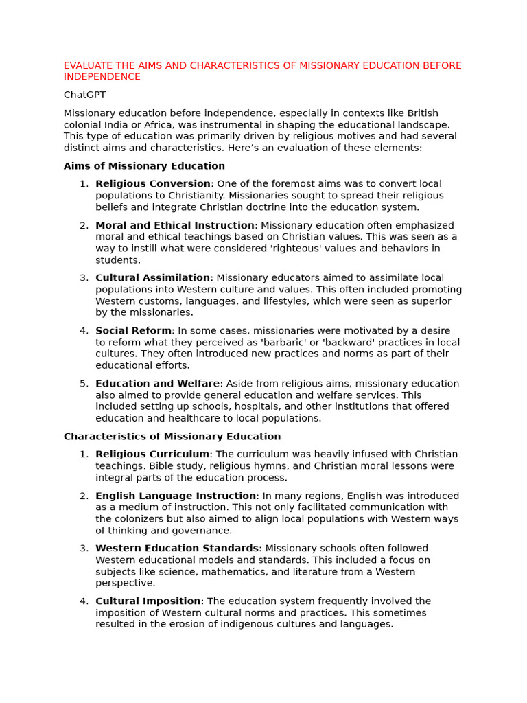 Aims and Characteristics of Missionary Education | PDF | Missionary ...