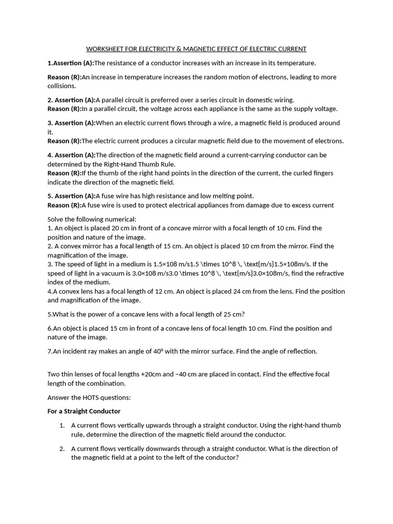 Worksheets For Magnetic Effect of Electric Current | PDF | Optics ...