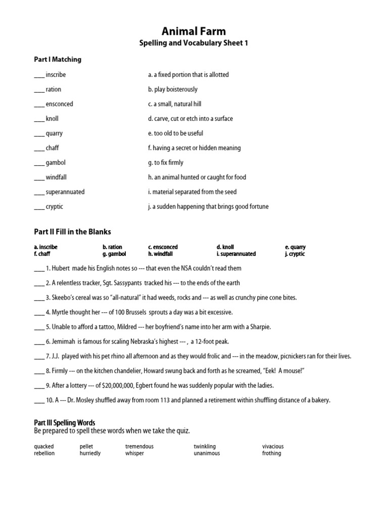 Animal Farm Vocabulary and Spelling Guide | PDF