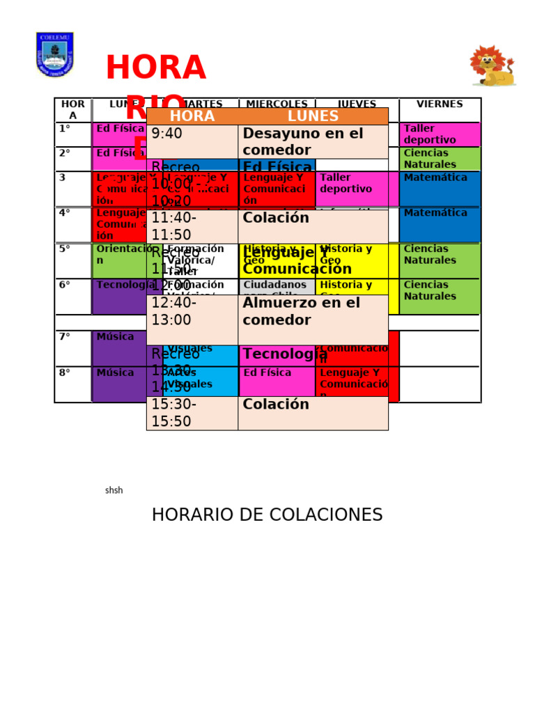 Horario Escolar Semanal 1°B | PDF