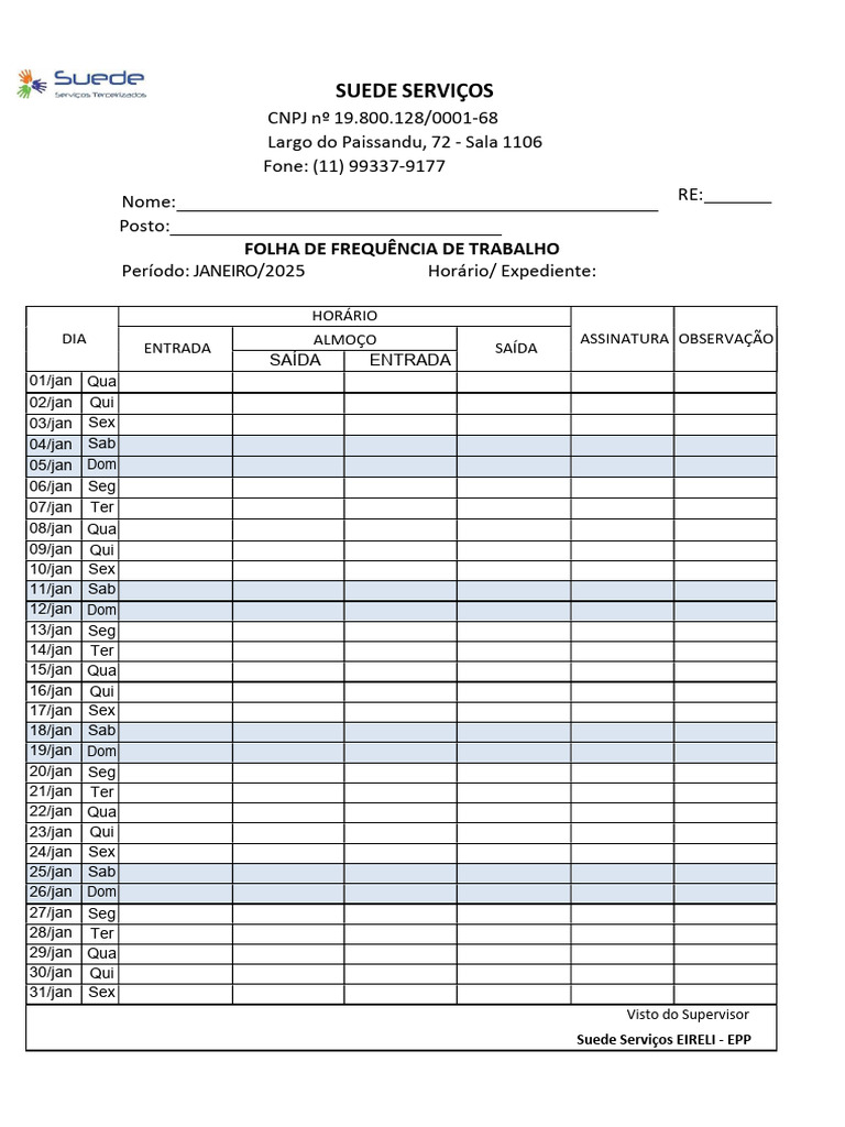 Folha de Ponto - 01.2025 | PDF