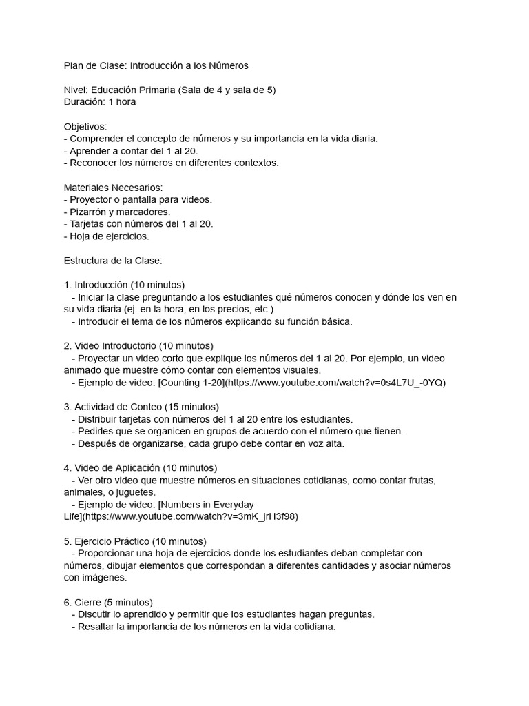 Clase de Números para Primaria | PDF