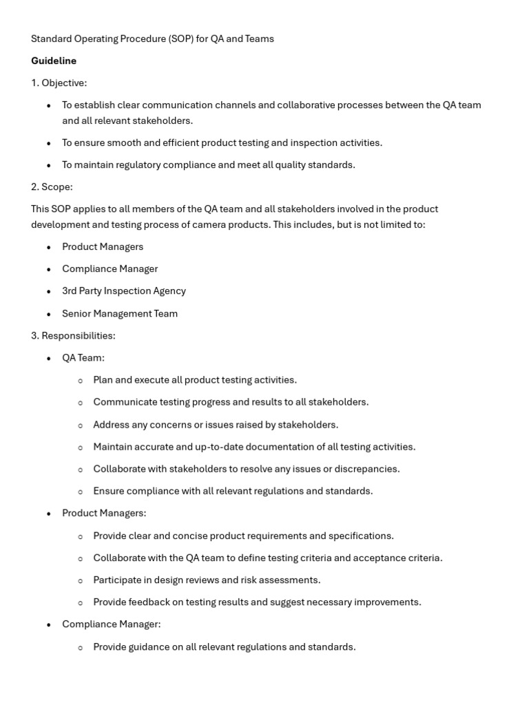 Standard Operating Procedure (SOP) for QA and Teams | PDF | Quality ...