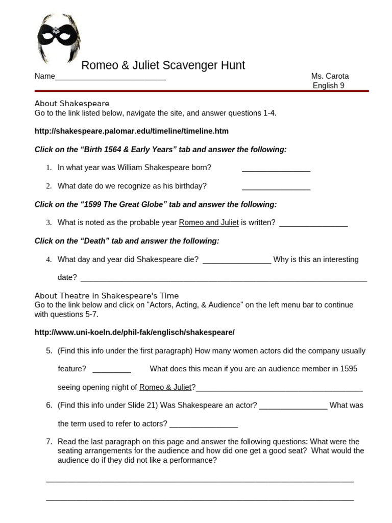 Romeo Juliet Scavenger Hunt 2009-2010 | PDF | William Shakespeare | Wedding