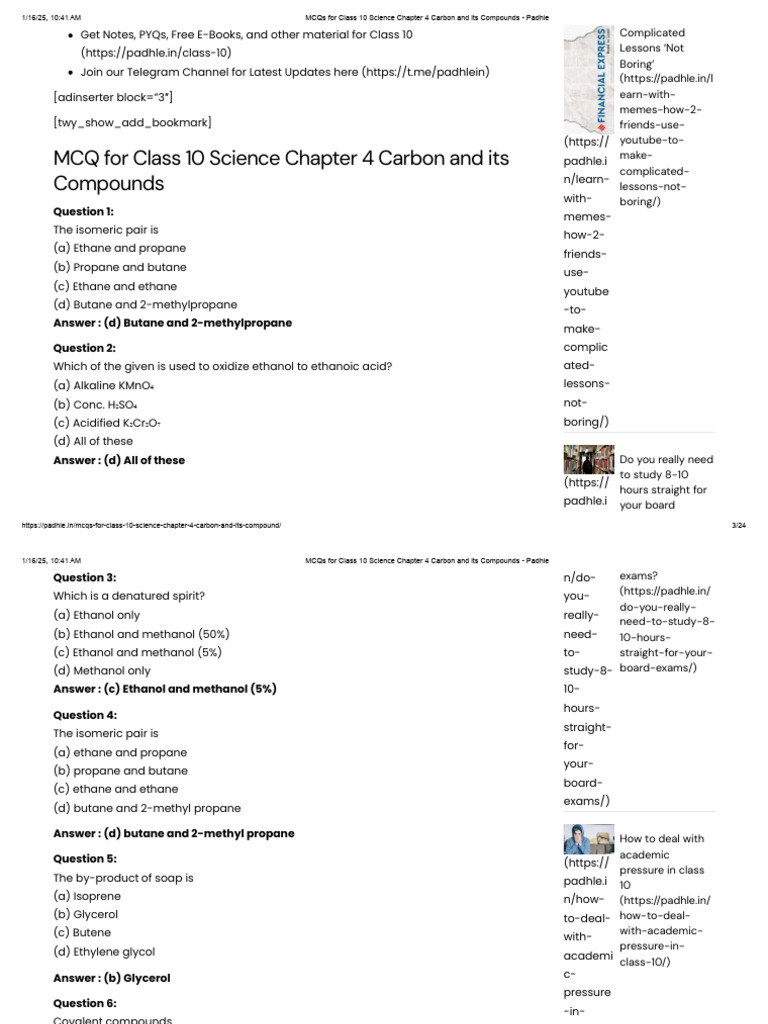 MCQs For Class 10 Science Chapter 4 Carbon and Its Compounds - Padhle | PDF | Hydrophile | Alkene