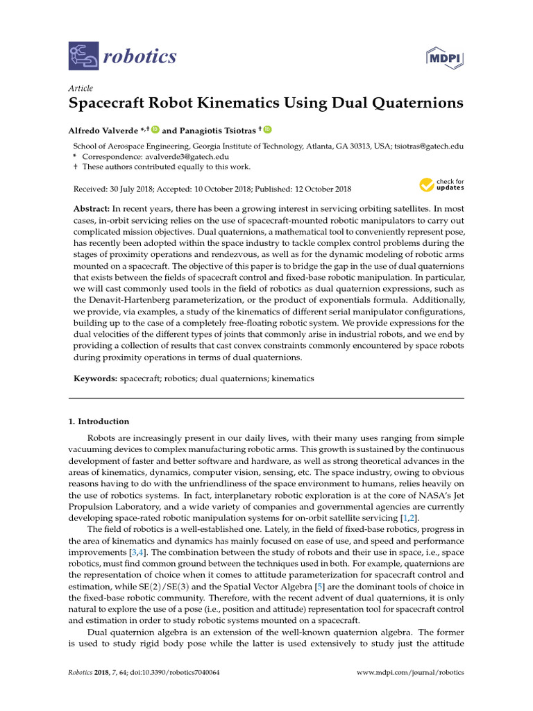 Spacecraft Robot Kinematics Using Dual Quaternions | PDF | Kinematics | Robotics