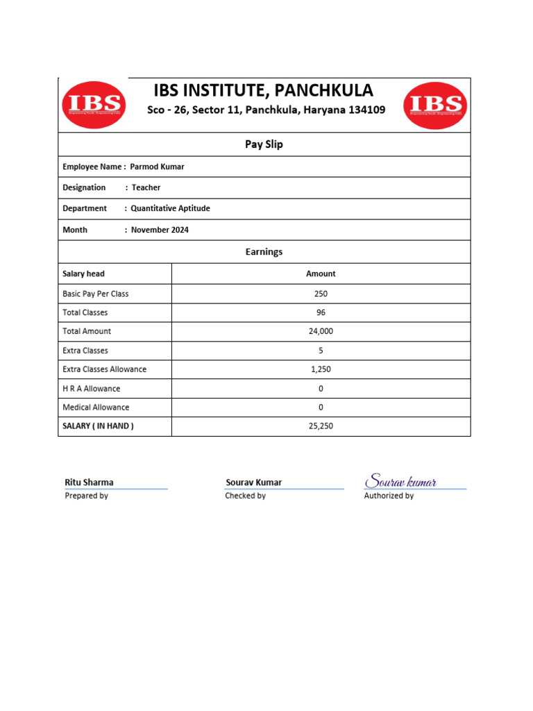 Haryana Teacher Salary Slip November 2024 | PDF