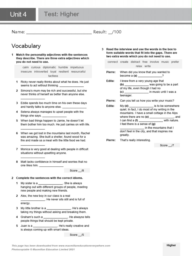 B2 U4 Test Higher | PDF