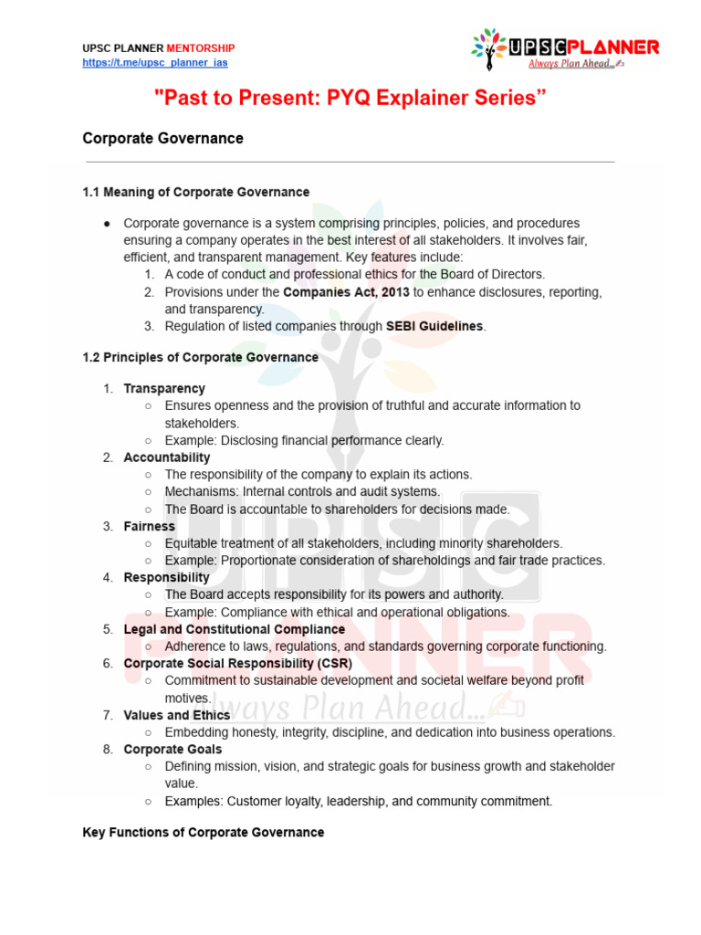 Corporate Governance Insights for UPSC | PDF | Corporate Social ...