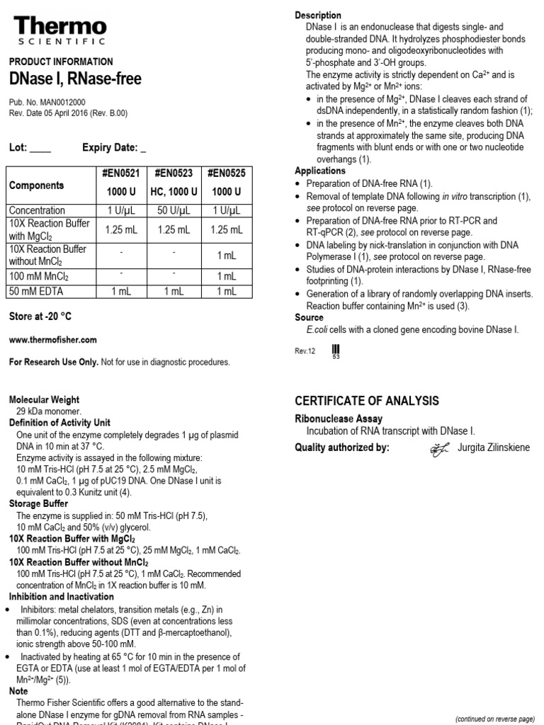 DNasa I, sin RNasa 1 U-μl, 1000units | PDF | Dna | Macromolecules