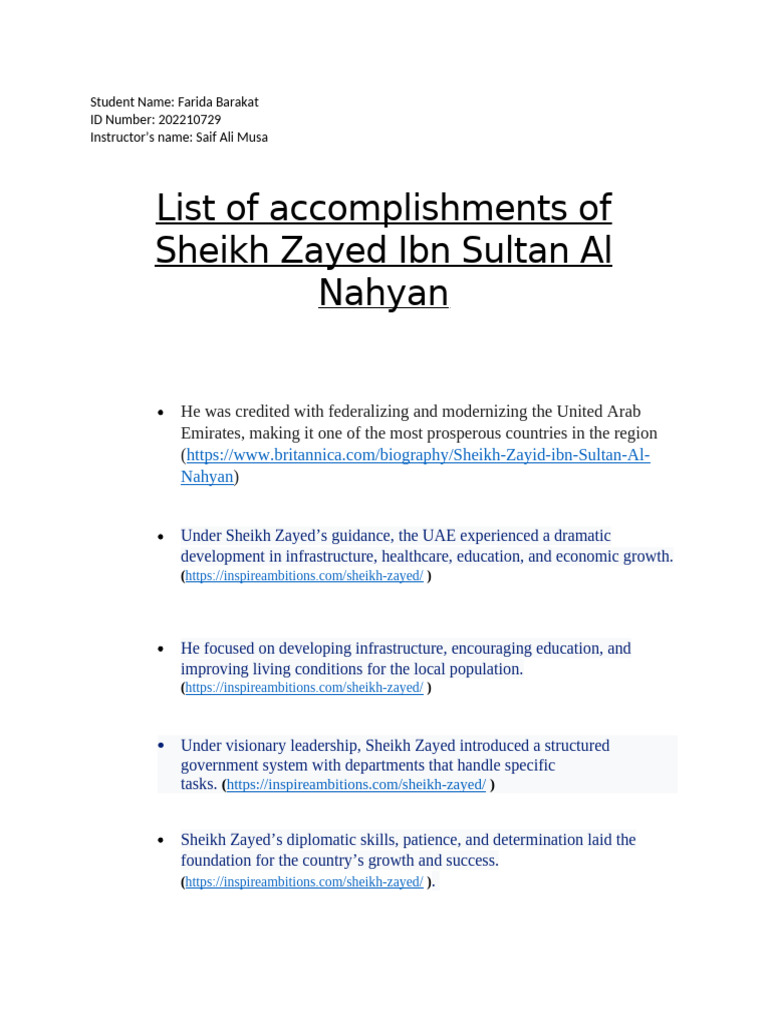 Acomplishments of Sheikh Zayed | PDF | United Arab Emirates | Economies