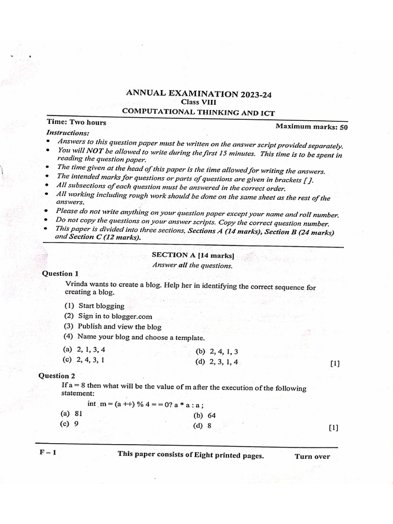 Class 8 Computer Annual Paper | PDF