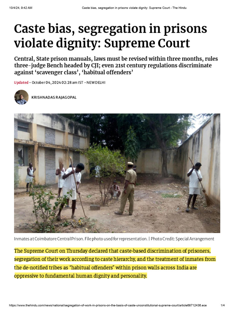 Caste Bias, Segregation in Prisons Violate Dignity | PDF | Caste | Prison