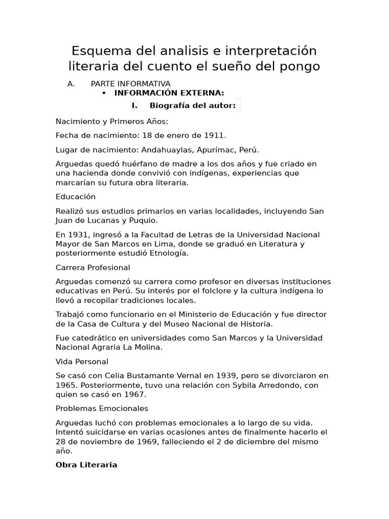 Esquema Del Analisis e Interpretación Literaria Del Cuento El Sueño Del Pongo | PDF