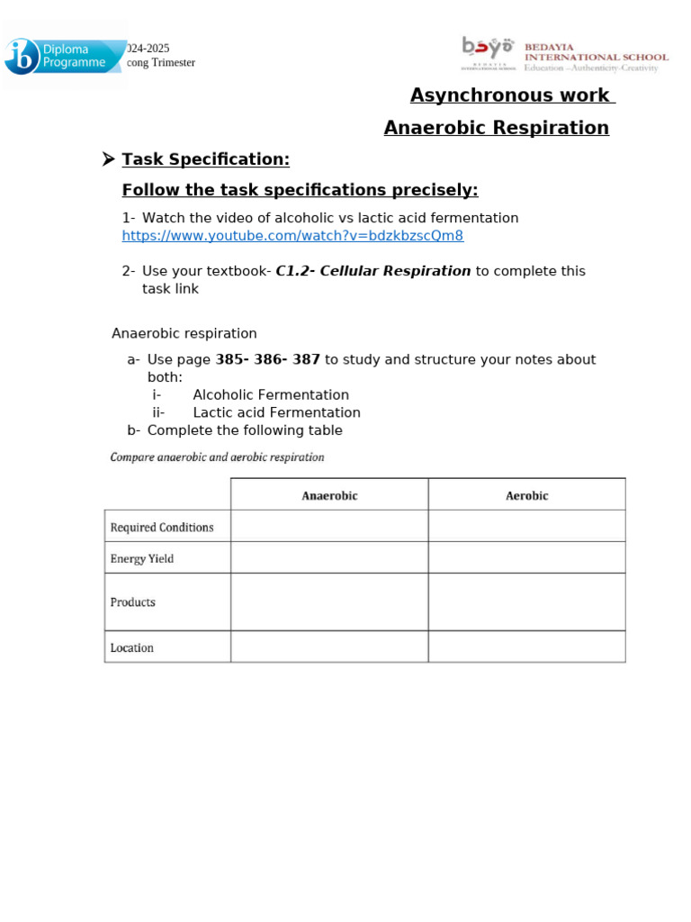 Anaerobic Respiration Asynchronous Work | PDF