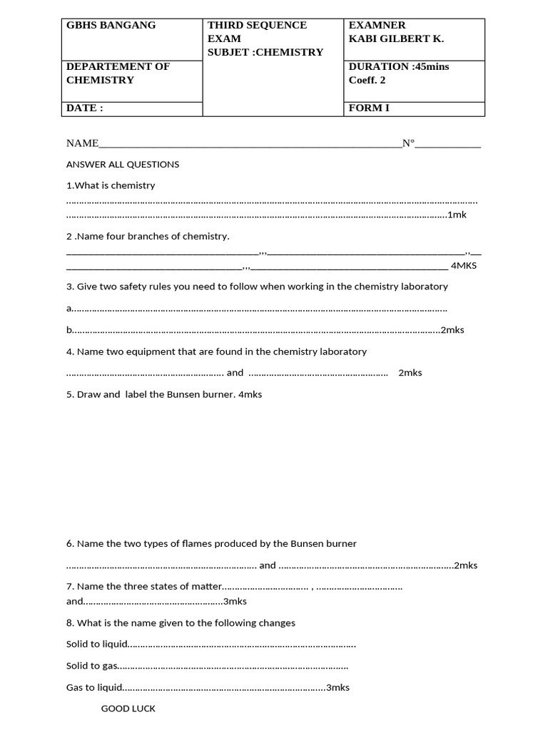 Chemistry Test 3 Form 1 2024 | PDF
