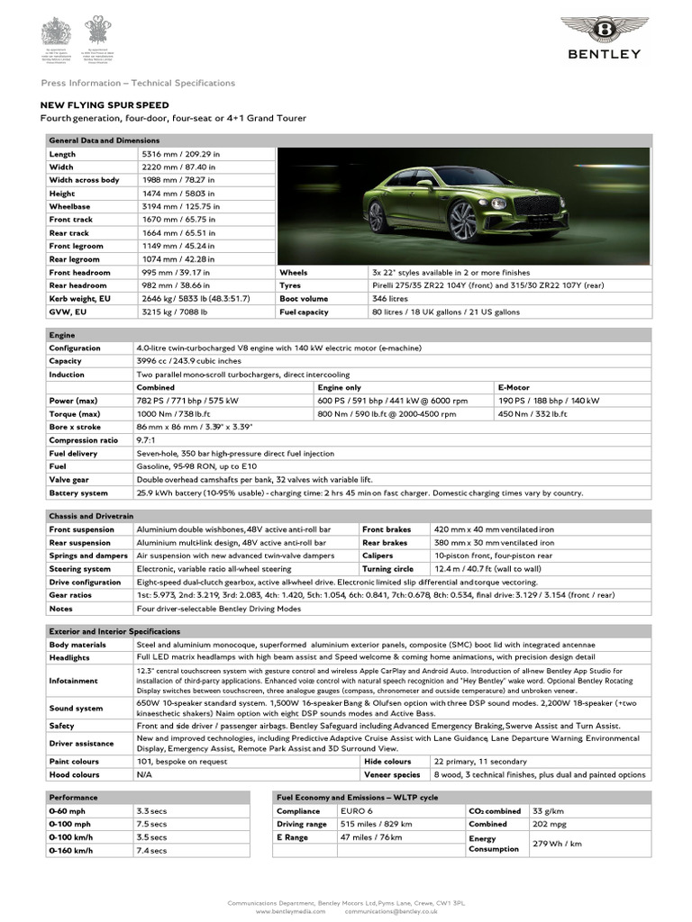 Bentley Vehicle Technical Specifications - New Flying Spur Speed | PDF