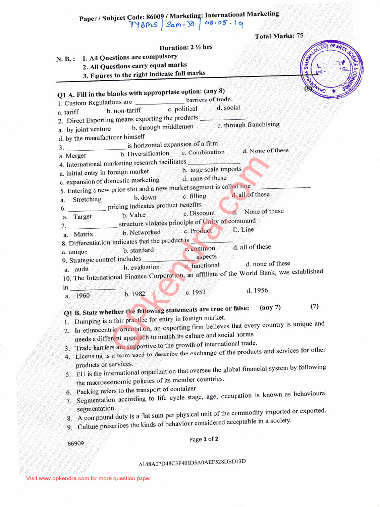 Intmrkt M Ele Sem6 CBCGS BMS Commerce April19 | PDF | Marketing | Economies