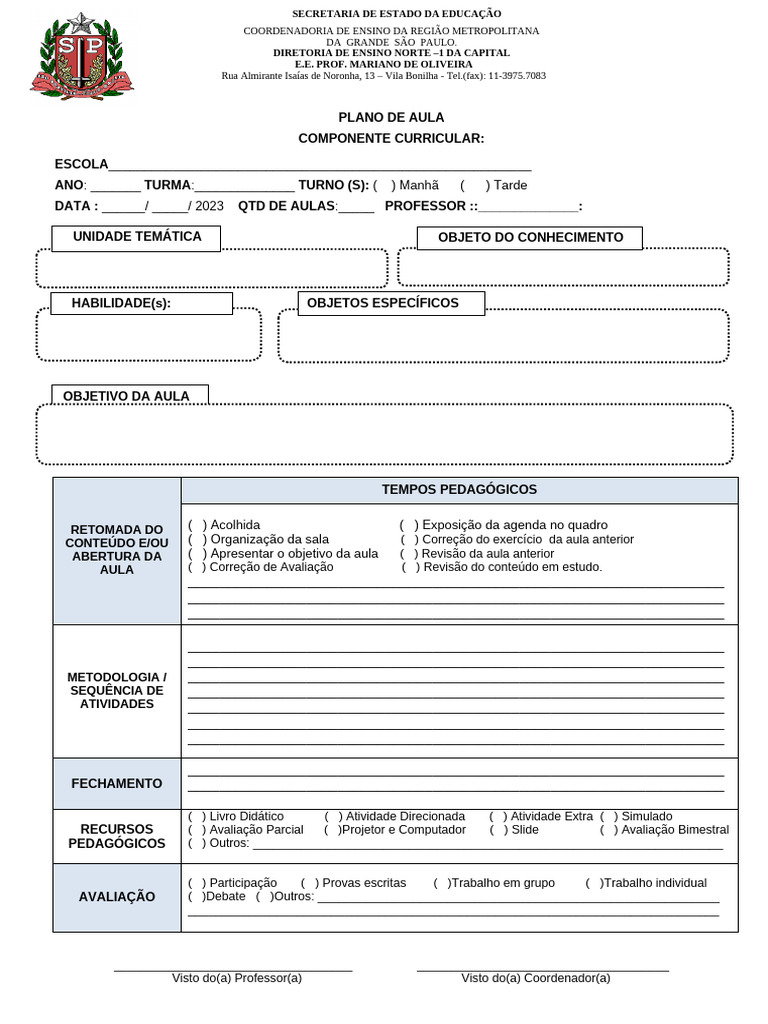 Modelo Plano de Aula | PDF | Pedagogia | Aprendizado