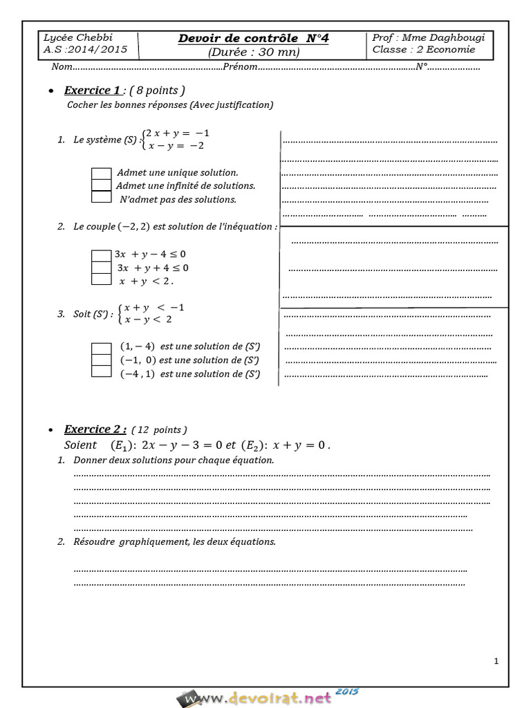Devoir de Contrôle N°4 - Math - 2ème Economie & Gestion (2014-2015) Mme ...