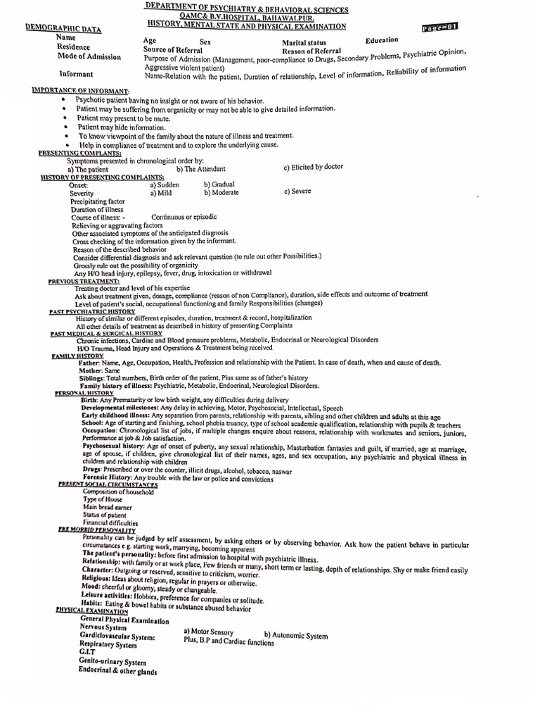 BS History, Mental, Physical Examination (QAMC) | PDF