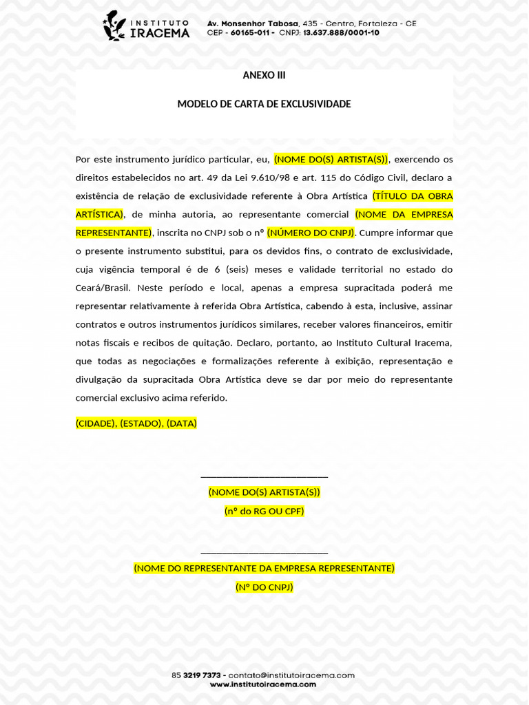 Anexo Iii Modelo de Carta de Exclusividade | PDF
