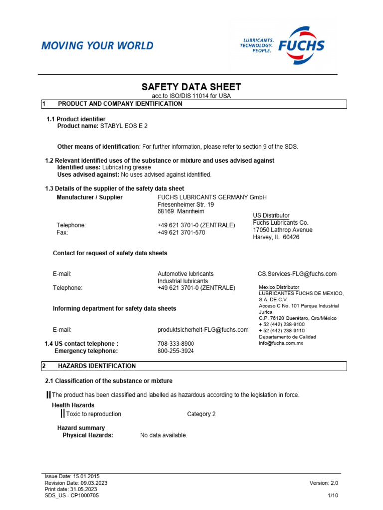 Fuchs Lubricants Germany GMBH - STABYL EOS E 2 - CP1000705 - 03-19-2023 ...