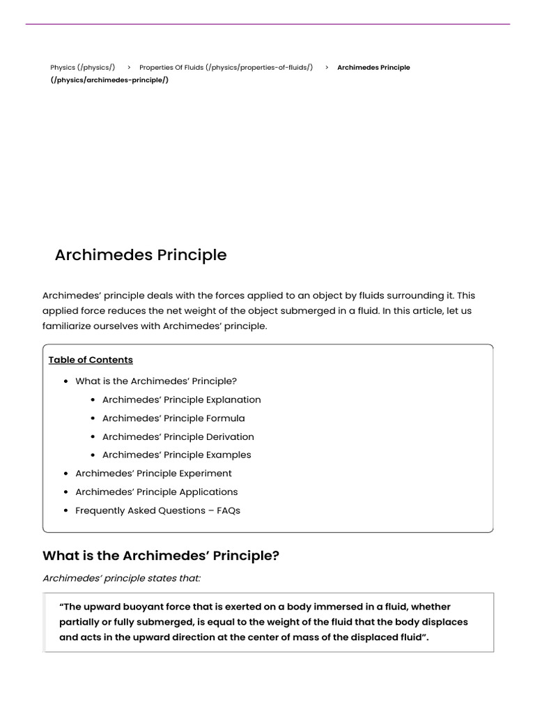 Archimedes' Principle Explained | PDF | Buoyancy | Mass