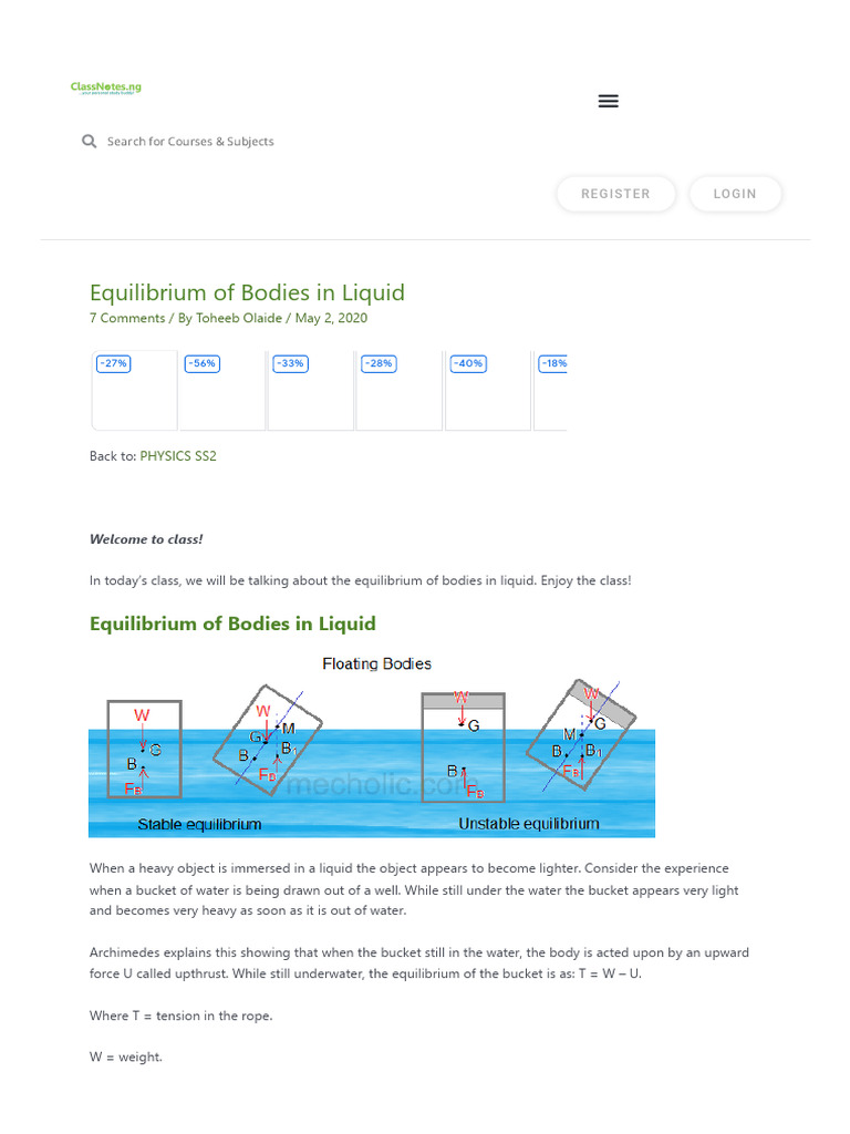 Equilibrium of Bodies in Liquid | PDF | Buoyancy | Density