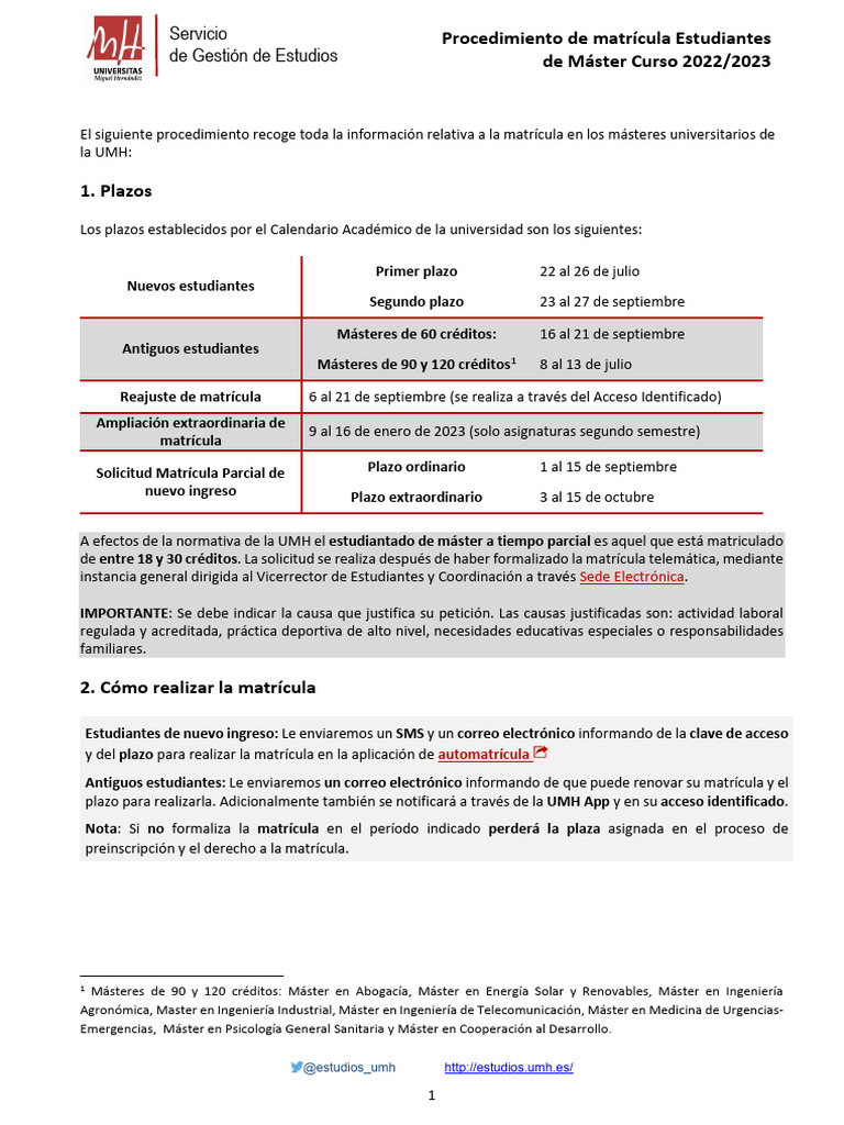 Matrícula Máster UMH 2022/2023: Guía Completa | PDF