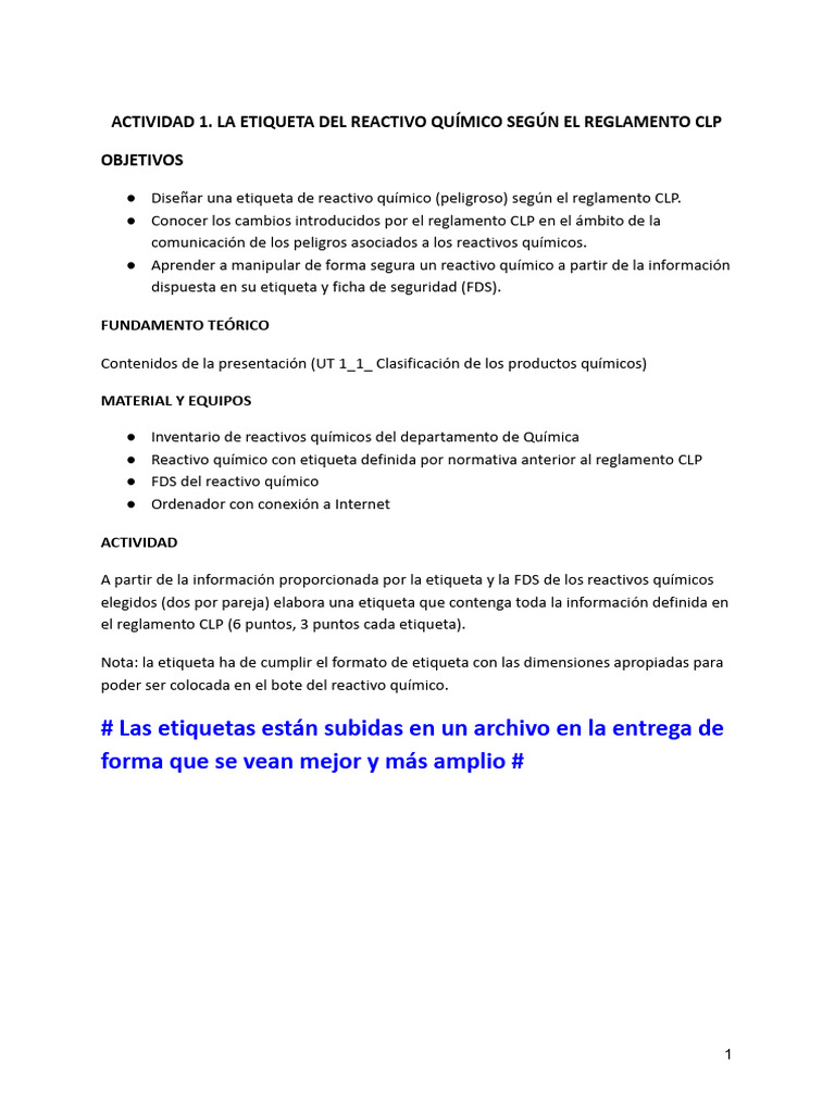 Actividad Sobre Las Etiquetas y La Legislación de Etiquetado de Productos de Laboratorio Según ...