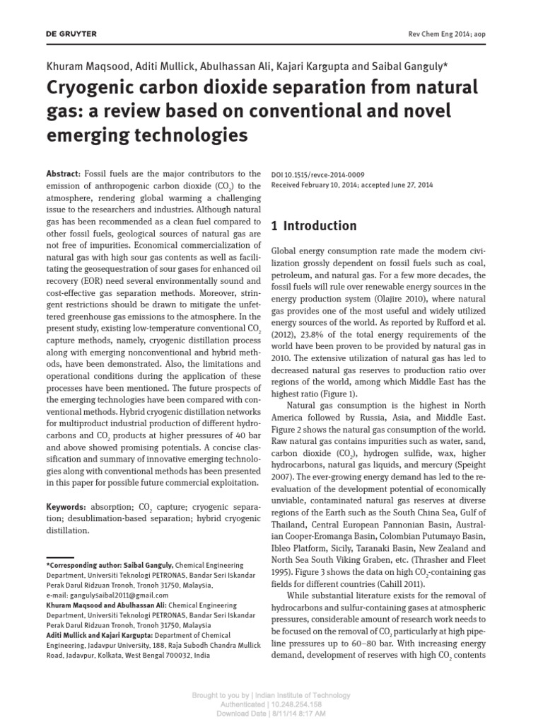 Cryogenic Carbon Dioxide Separation From | PDF | Natural Gas | Distillation